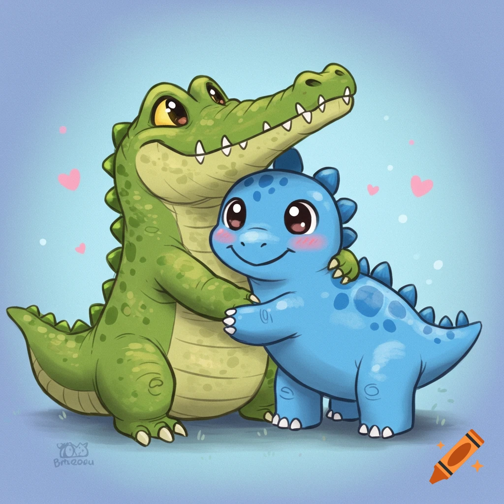 A cute cartoon crocodile and dinosaur hugging on Craiyon