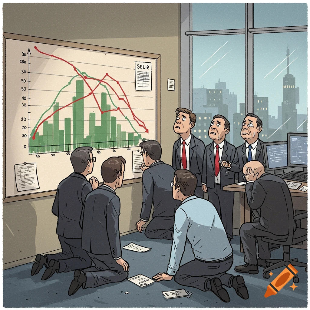 Cartoon of finance professionals reacting to stock market crash on Craiyon