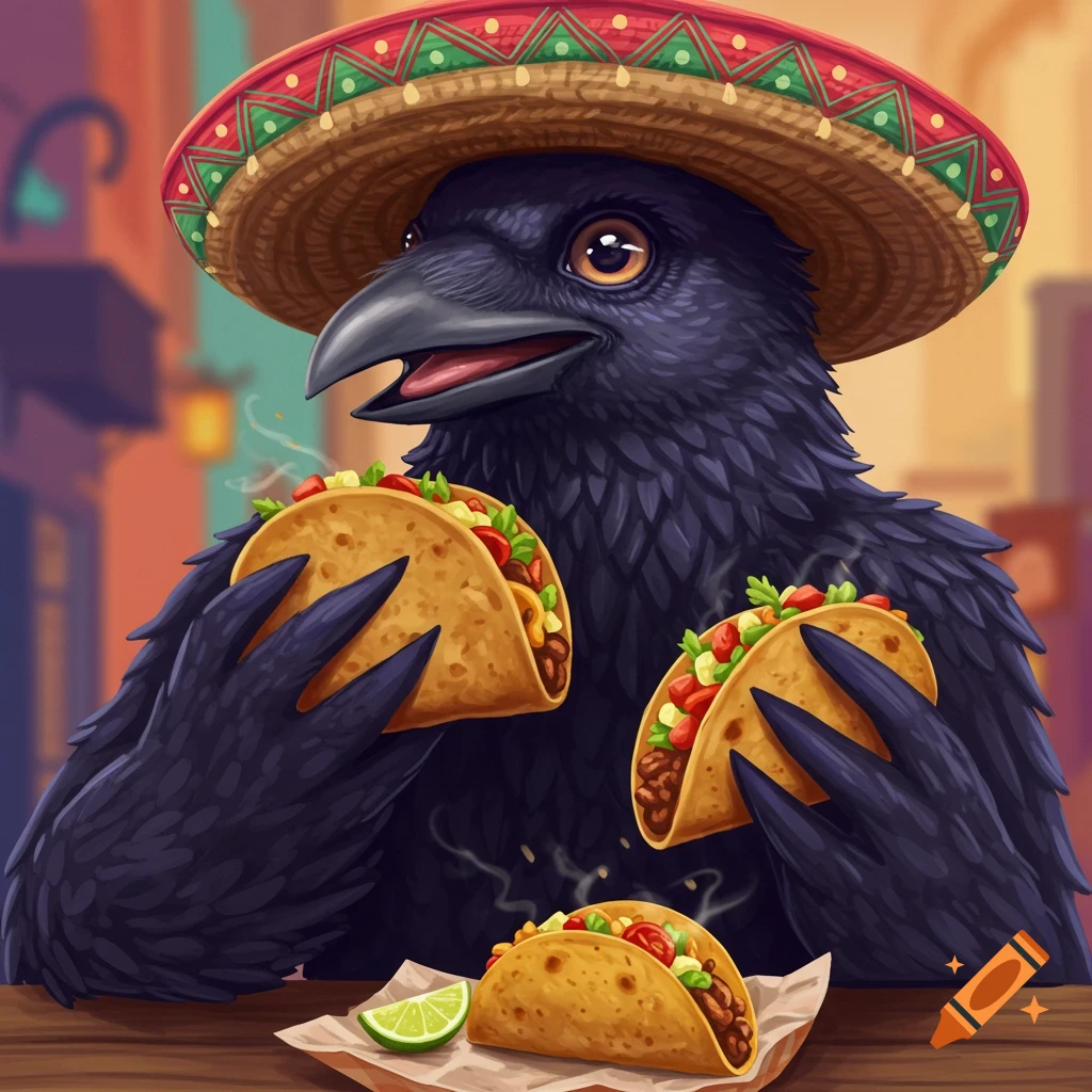 Humanoid crow eating tacos on Craiyon