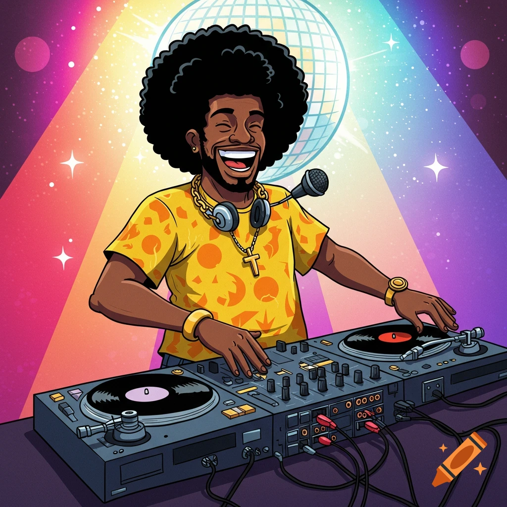 Cartoon illustration of a smiling Black DJ with an afro mixing music ...