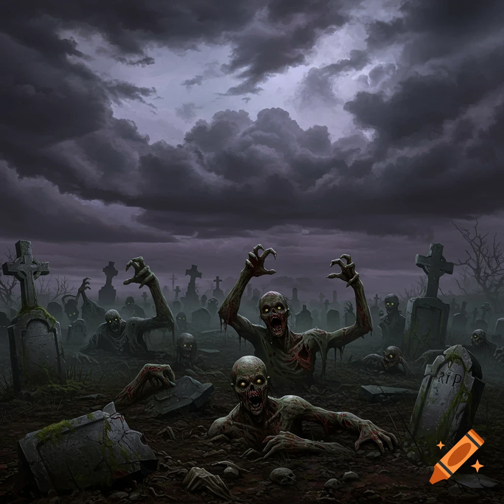 Decaying graveyard with zombies emerging from graves under a dark ...
