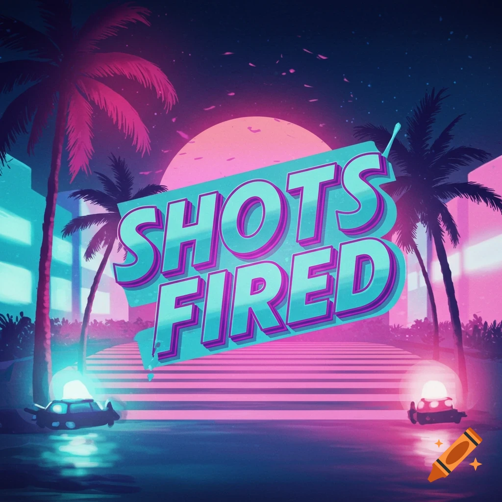Retro 80s graphic with sun, grid, palm trees, and text '80s SLIDESHOW ...