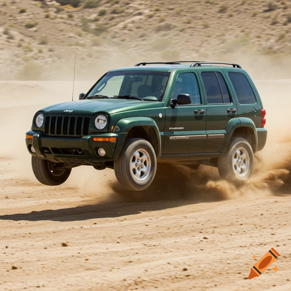 Green Jeep Liberty SUV jumping over sand dunes, kicking up dust. on Craiyon