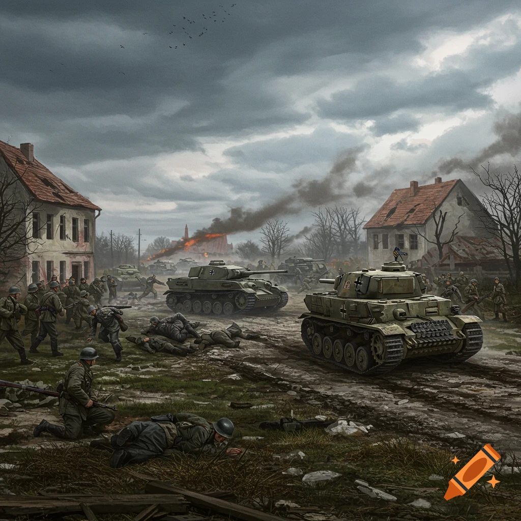 A World War II battle scene with tanks and soldiers in a ruined town ...