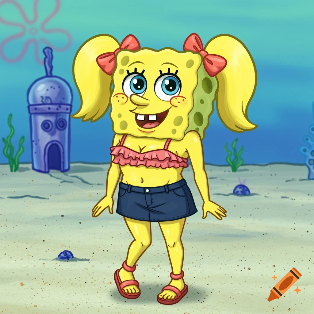 Illustration of a female Spongebob wearing a pink bikini top, denim ...