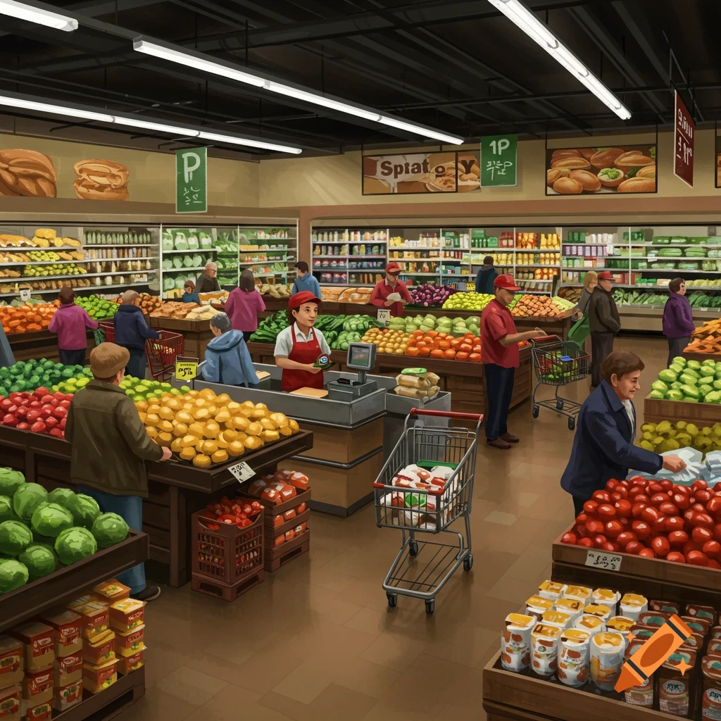 Busy grocery store interior on Craiyon