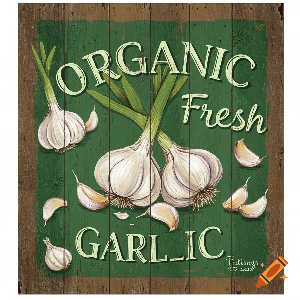 Illustration of a farmers market sign with garlic and the words ORGANIC ...