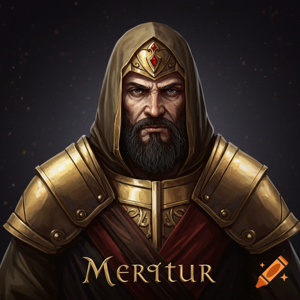 Portrait of a bearded man in golden fantasy armor and hood, with the ...