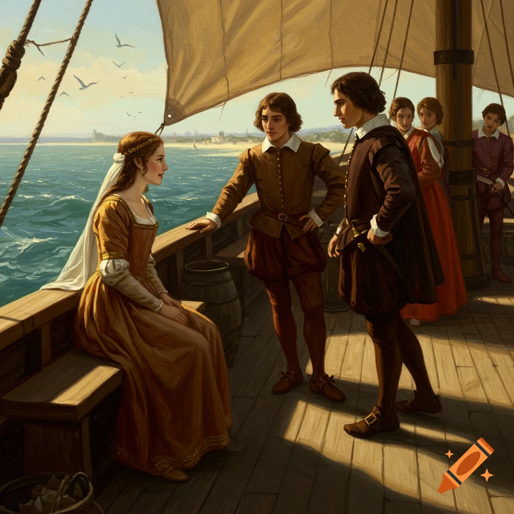 Painting of people in period clothing on a ship deck, overlooking the ...