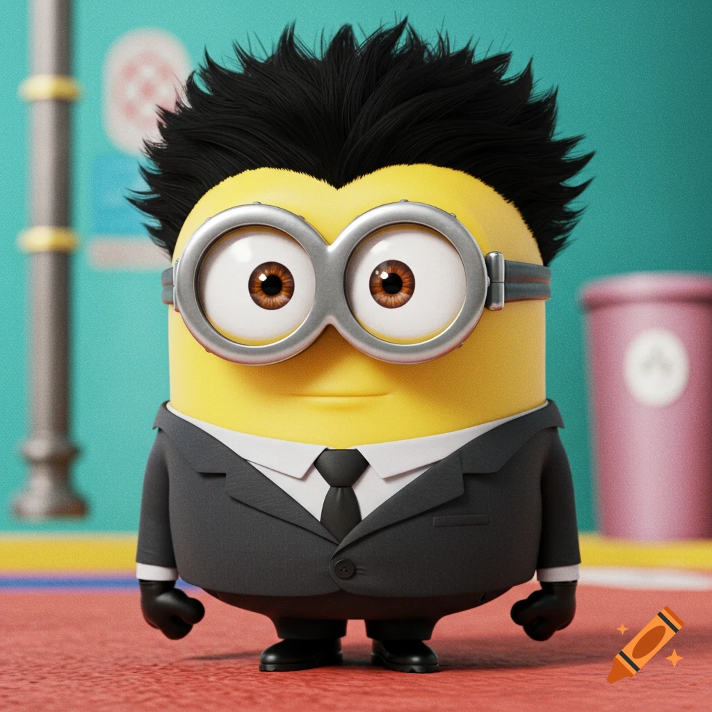 Cartoon minion with blue hair and glasses and a cane on Craiyon