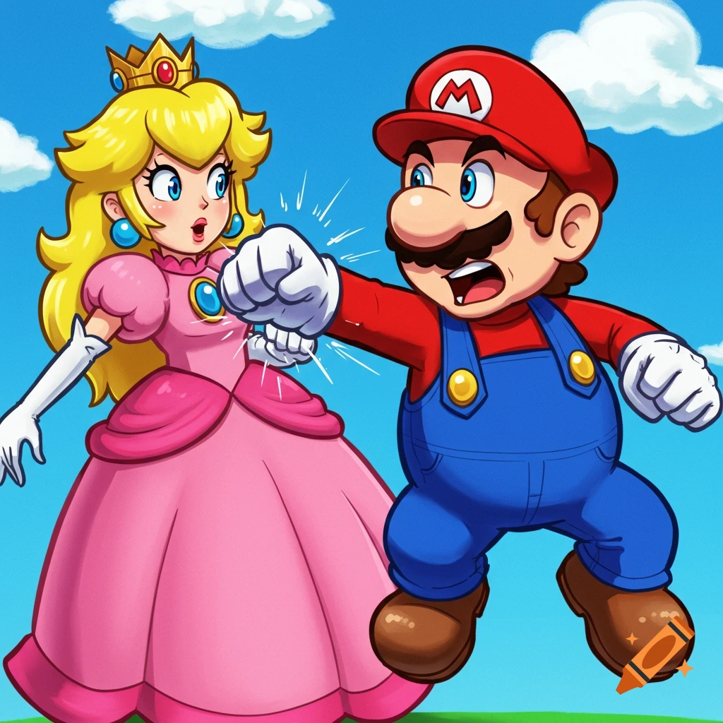 Mario punching Princess Peach on Craiyon