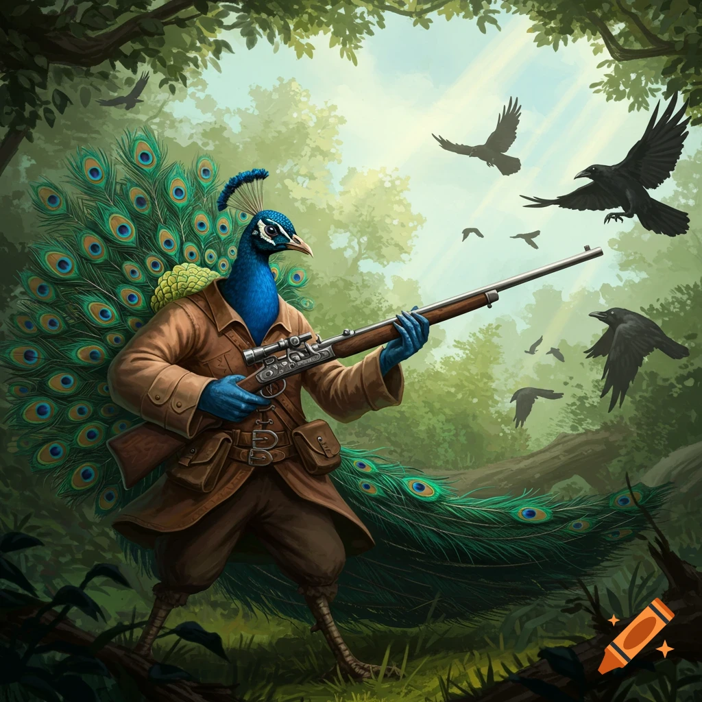 Peacock with rifle hunting crows on Craiyon