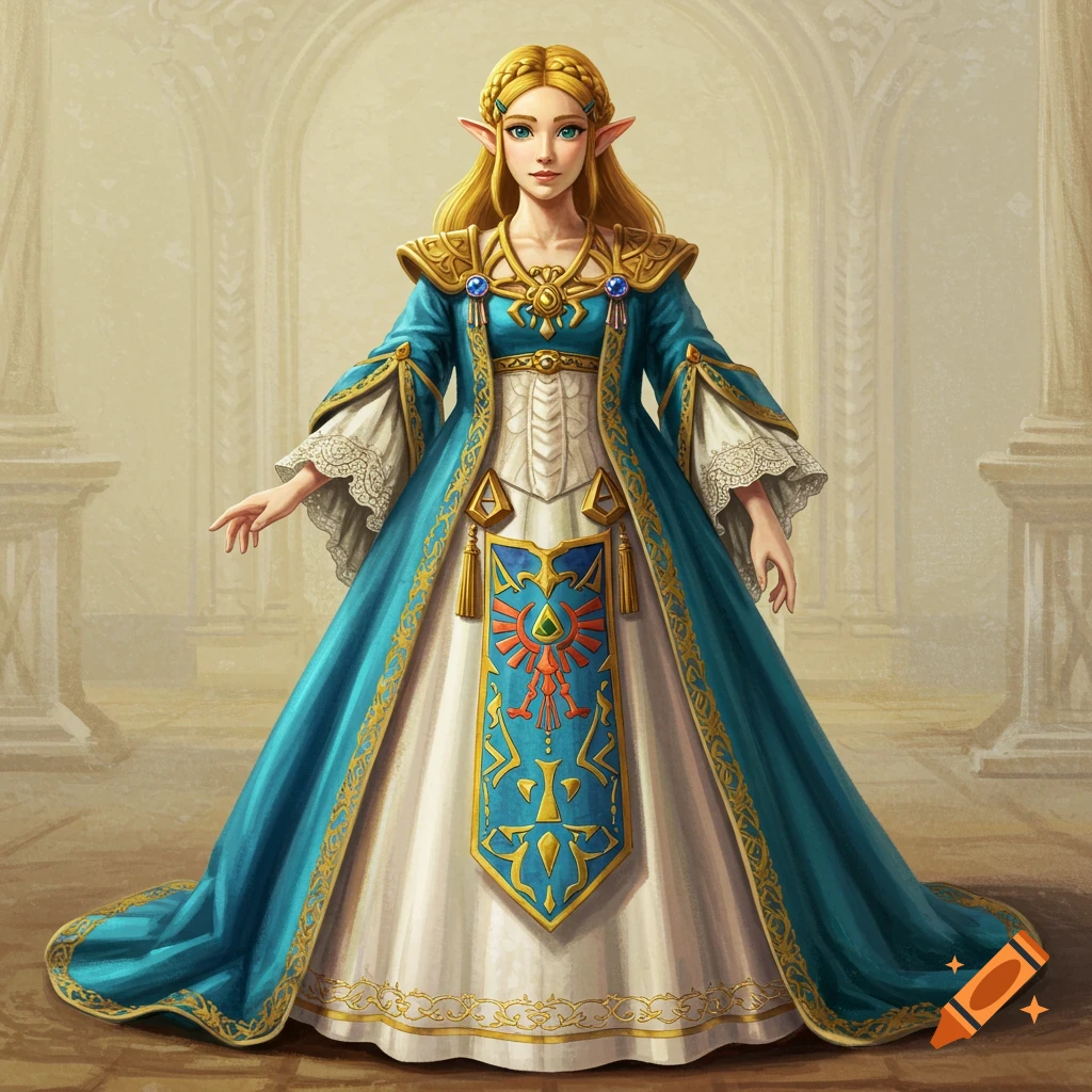 Zelda's royal dress reimagined as a robe a la francaise on Craiyon