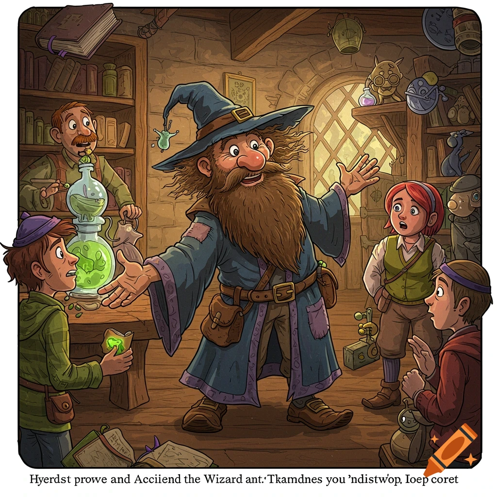 A cartoon-style illustration of a bearded wizard in a workshop showing ...