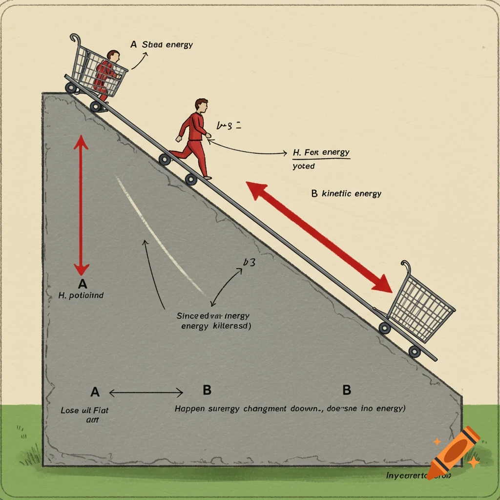 Physics diagram explaining potential and kinetic energy with a cart on ...