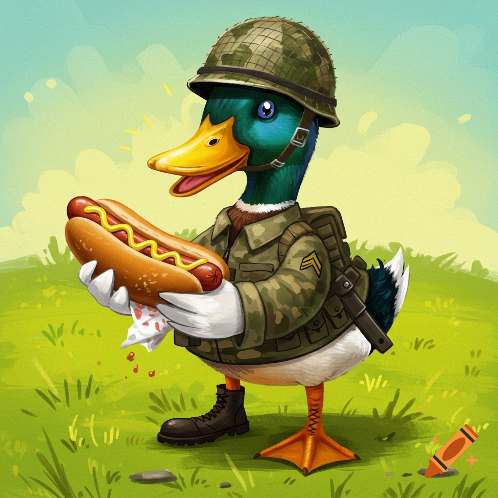 A cartoon duck in a military uniform holds a hotdog. on Craiyon