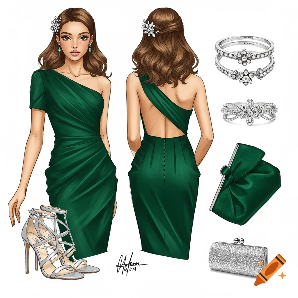 Asymmetrical bloom prom look sketch in emerald and silver on Craiyon