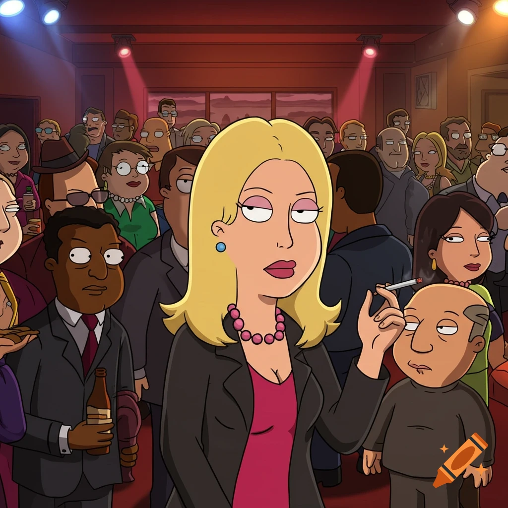 Animated scene of a blonde woman smoking at a crowded party on Craiyon