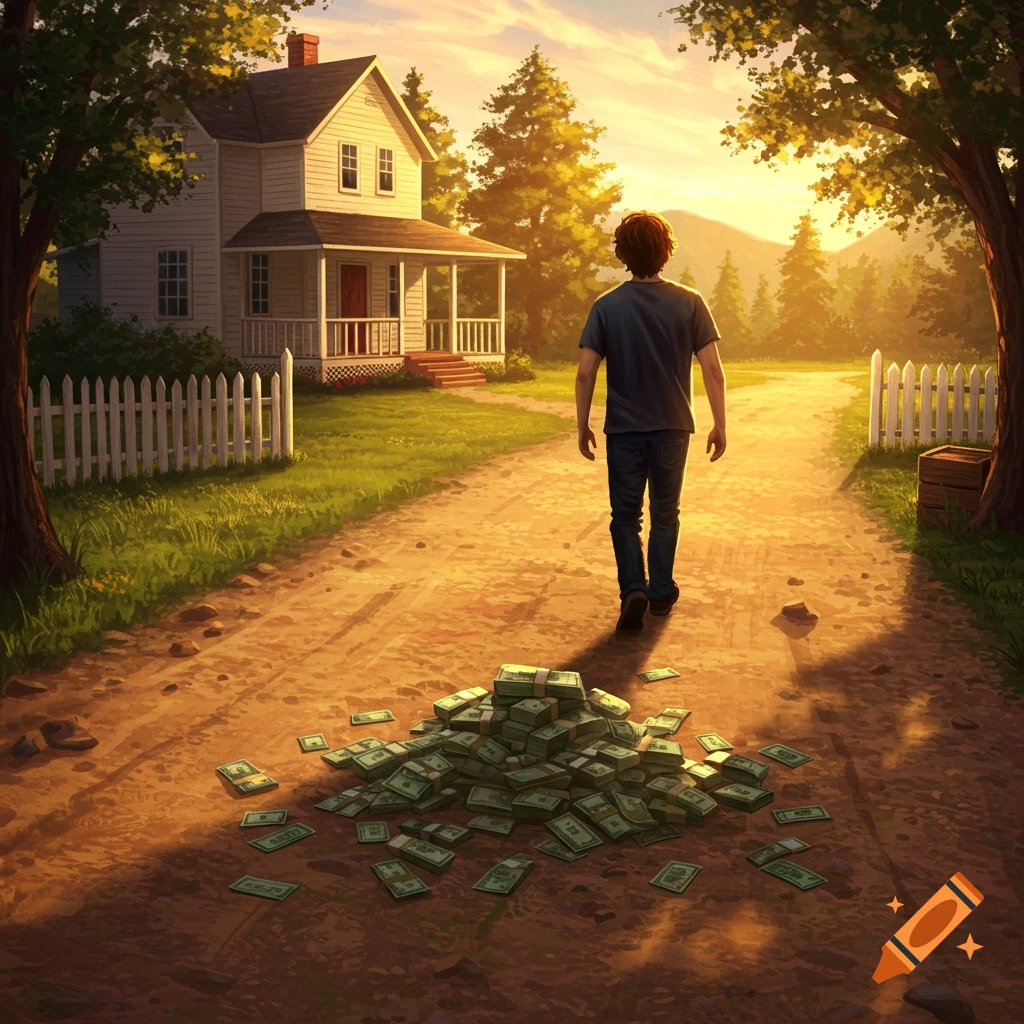 A person walks away from a house towards a pile of money on a dirt path ...