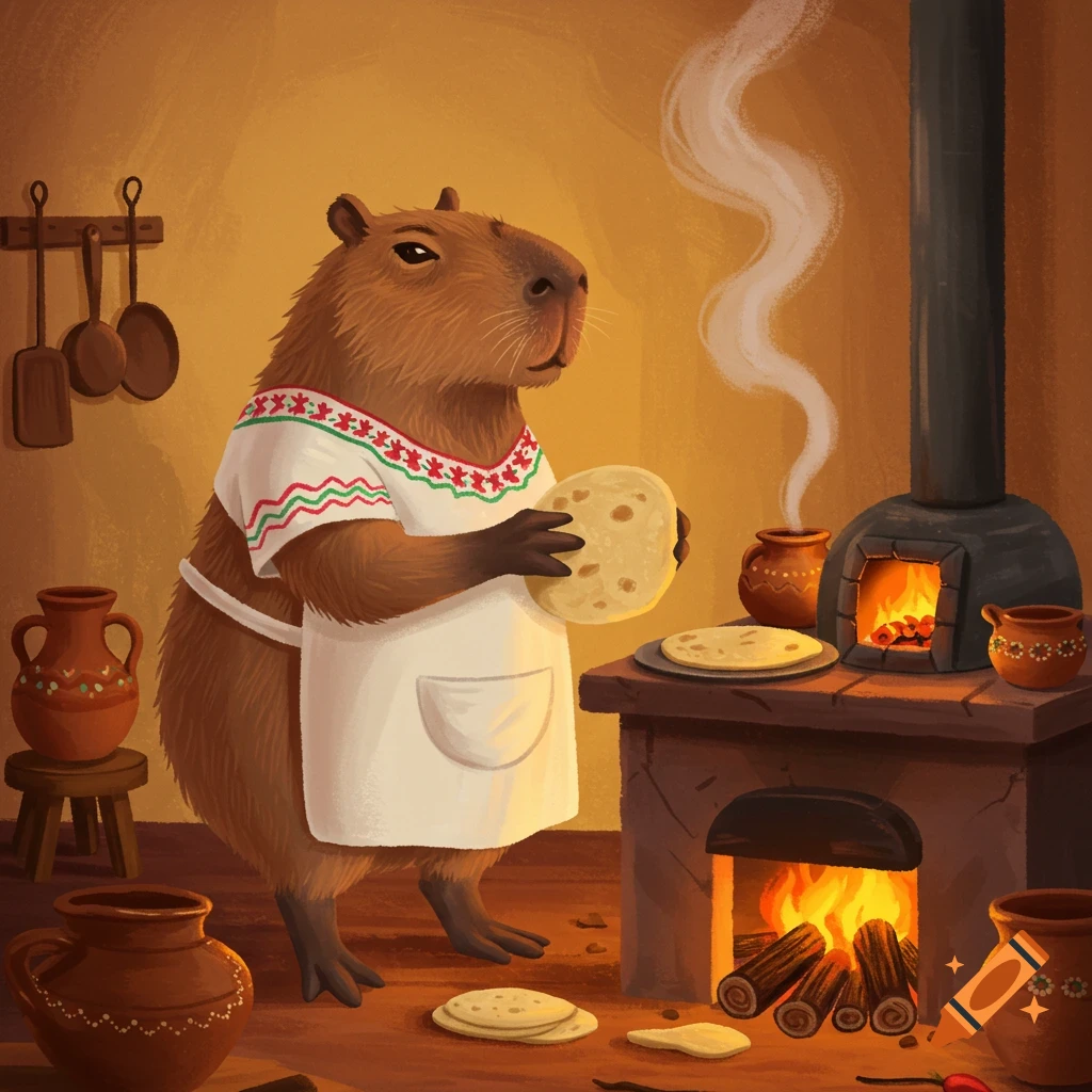 Capybara wearing a Mexican apron making tortillas over a wood fire. on ...
