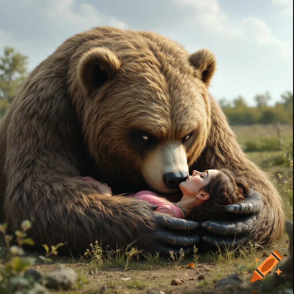 Photorealistic image of a giant bear woman kissing a person on a farm ...