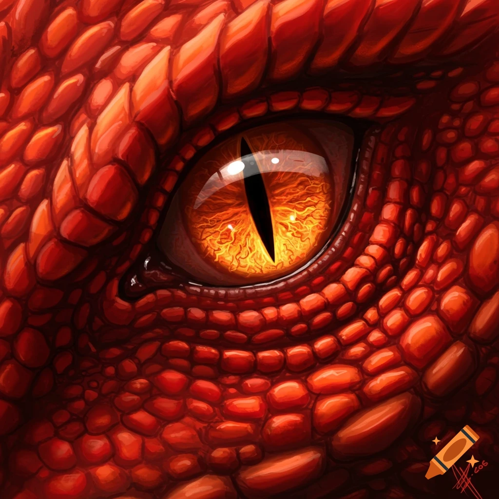 Close-up of a vibrant, fiery orange dragon eye with a vertical pupil ...