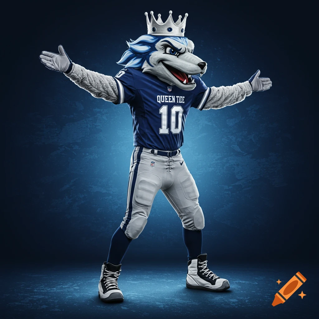 Queen Tide mascot suit in navy, silver, and icy blue on Craiyon