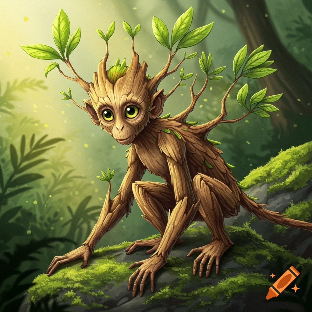 Anthropomorphic tree creatures stand in a sunlit forest clearing. on ...