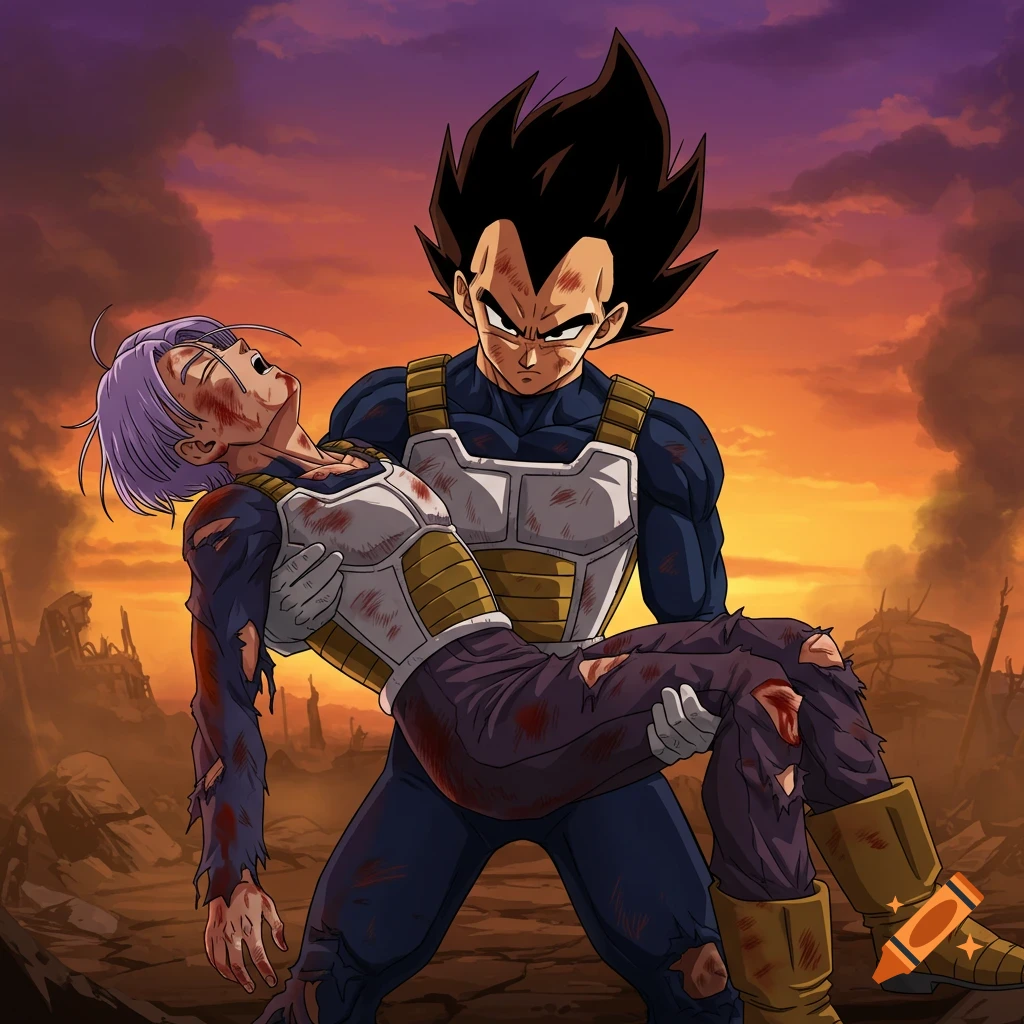 Vegeta carries an injured Trunks in a ruined landscape, anime style. on ...