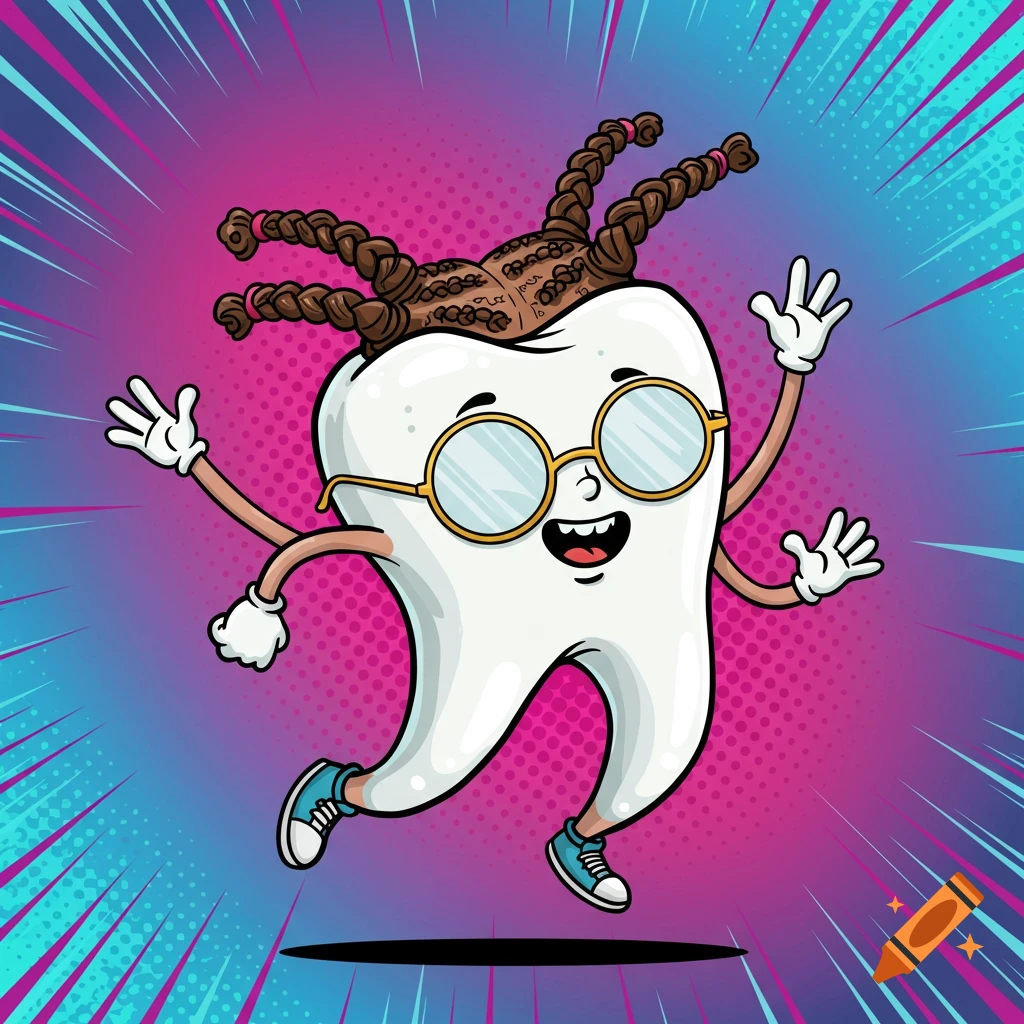 Cartoon tooth character with glasses and cornrows dancing against a pop ...