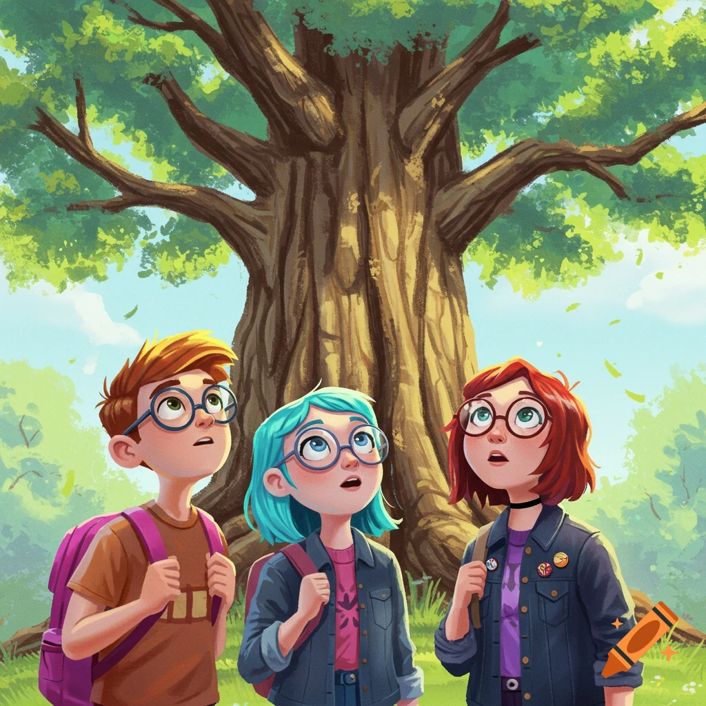 Cartoon illustration of three young people and a rock creature running and jumping in a forest ...