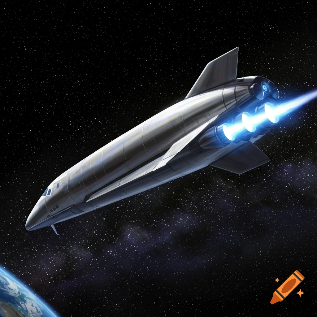 A futuristic silver spacecraft flying in space with Earth visible in ...