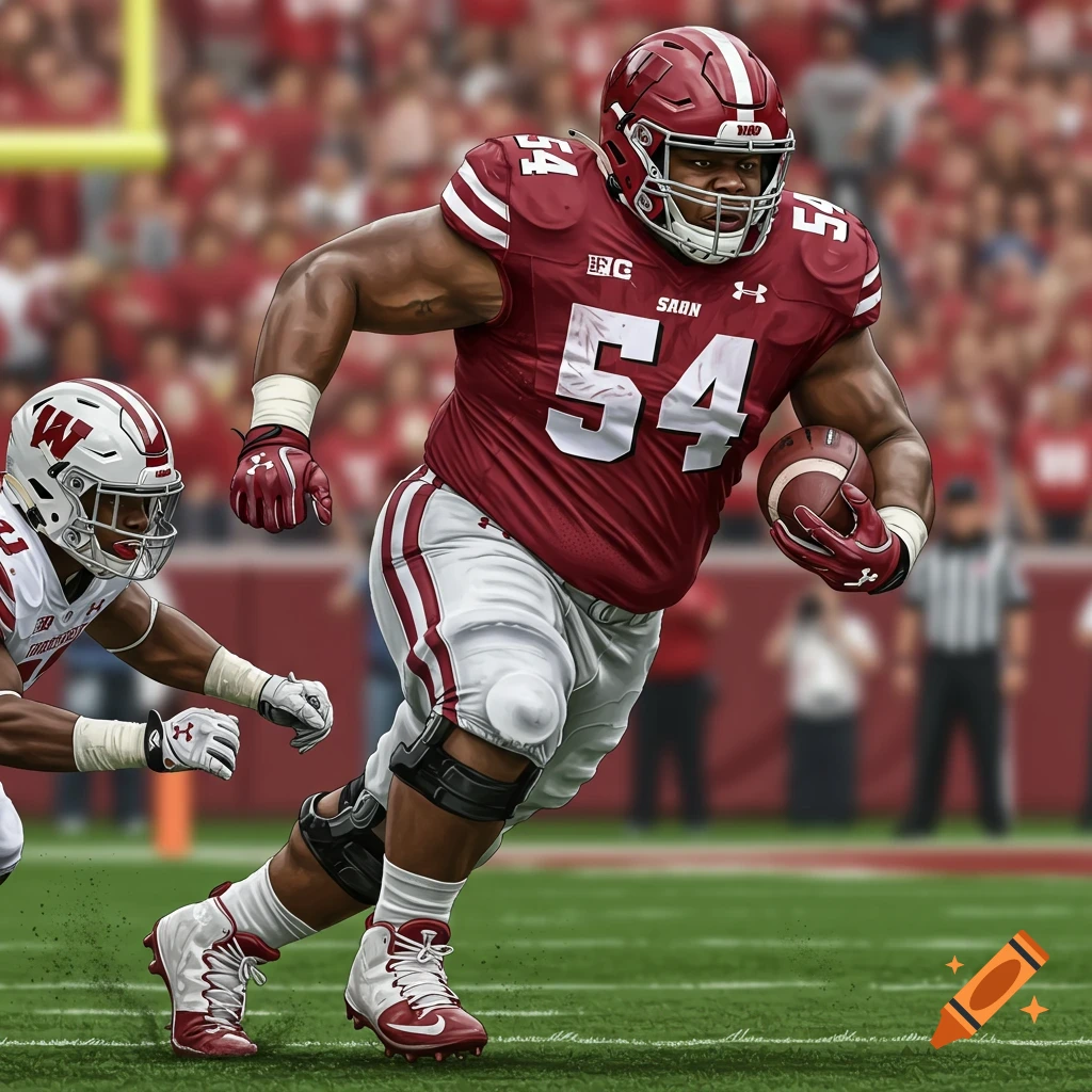 Samoan man playing football for the University of Wisconsin, wearing ...