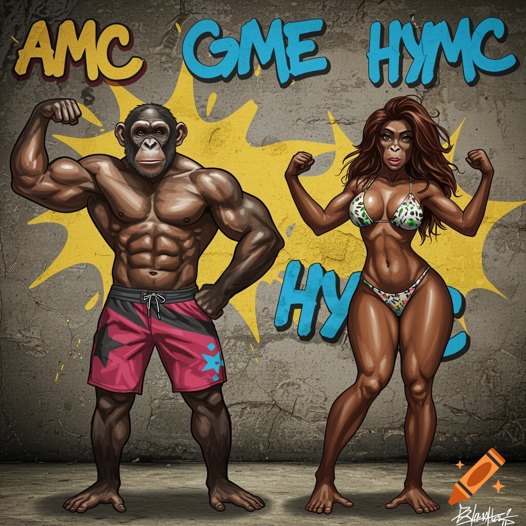 Pop art graffiti featuring muscular apes flexing with AMC GME HYMC on the wall on Craiyon