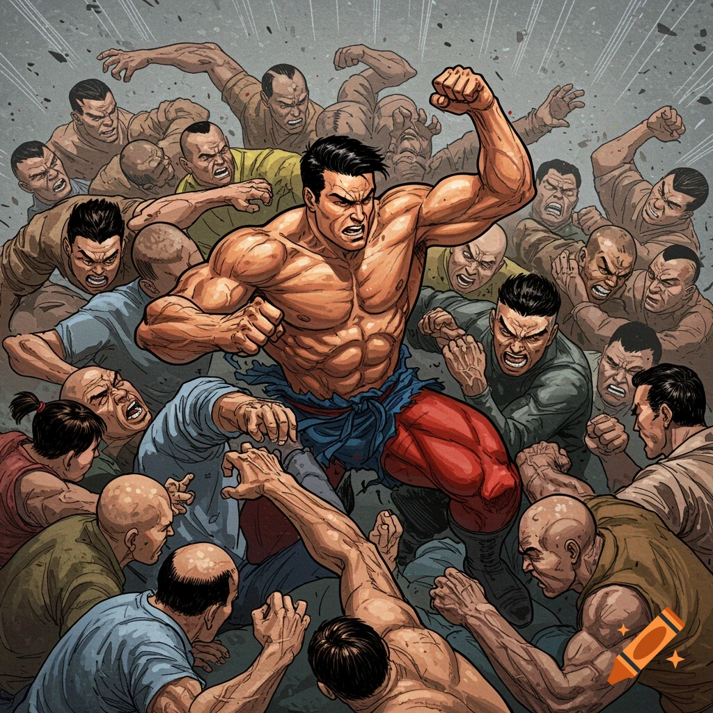Muscular man fights off a crowd in a dynamic comic book style. on Craiyon