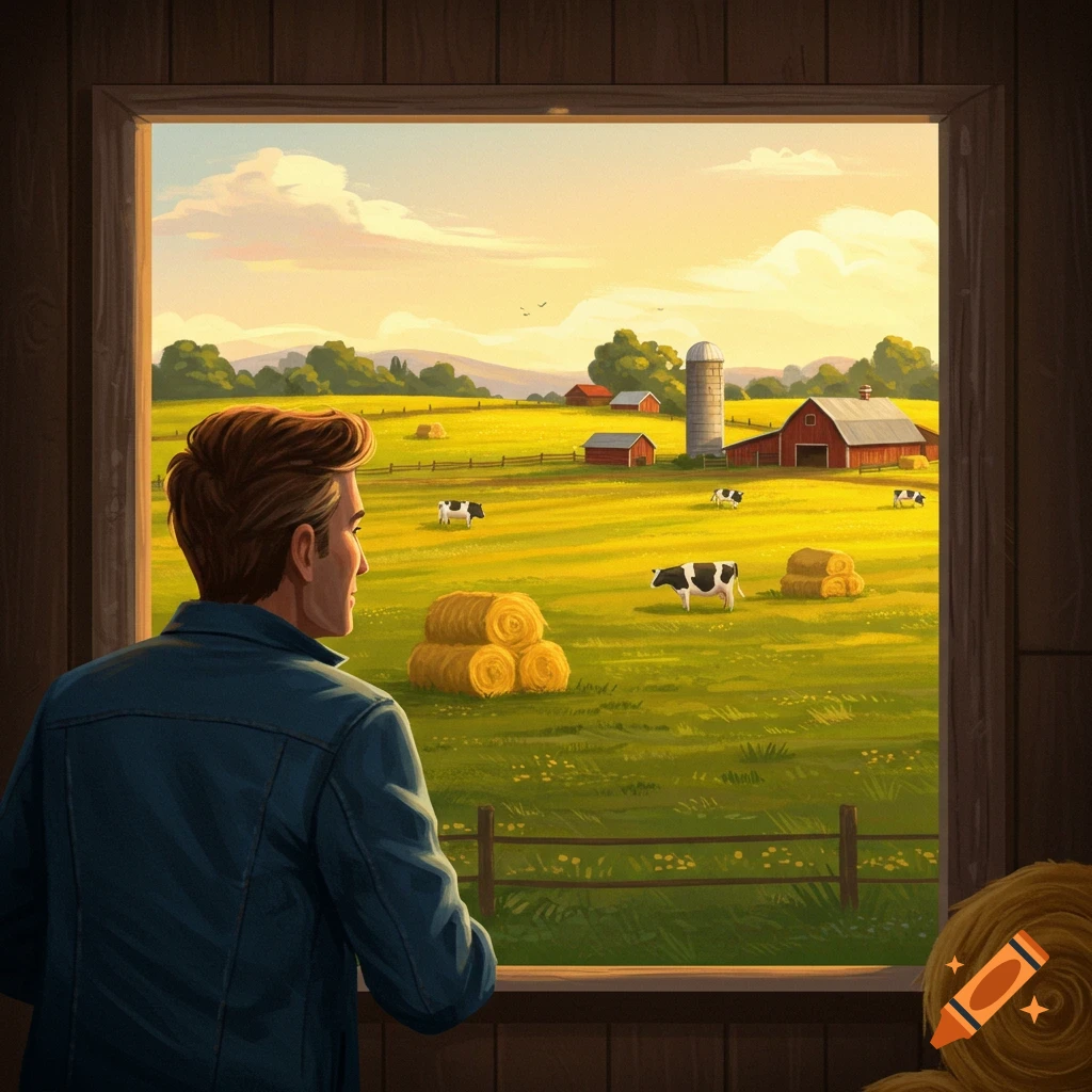 A man is looking out a window at a farm field with cows and hay bales ...