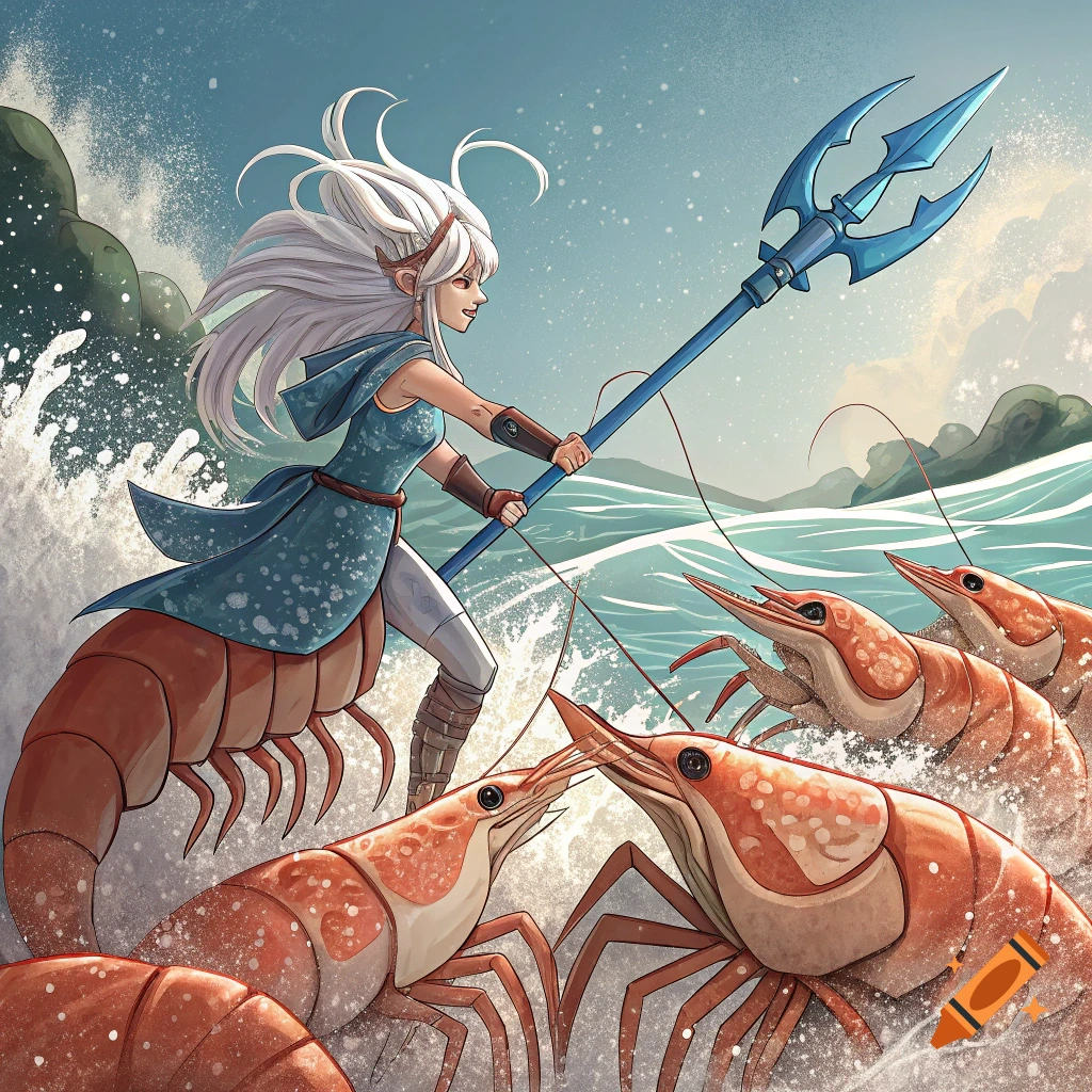 Gawr Gura riding giant shrimp leading shrimp army on Craiyon