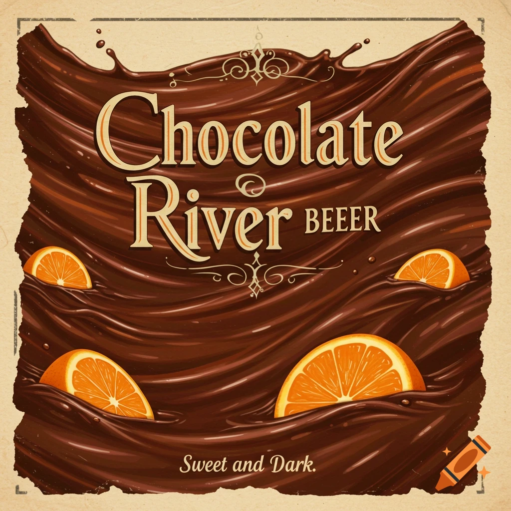 Beer label with chocolate river and orange slices on Craiyon