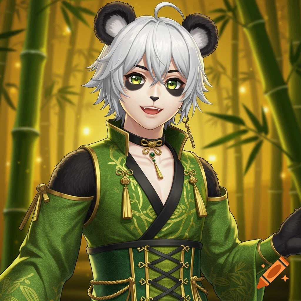 Male panda vtuber model with panda ears and bamboo green and gold ...