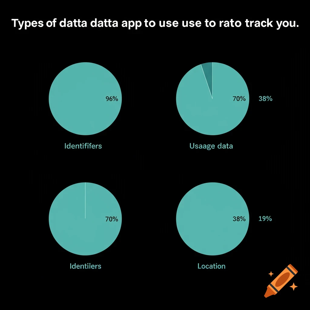Teal pie charts on black background showing app data tracking types. on ...