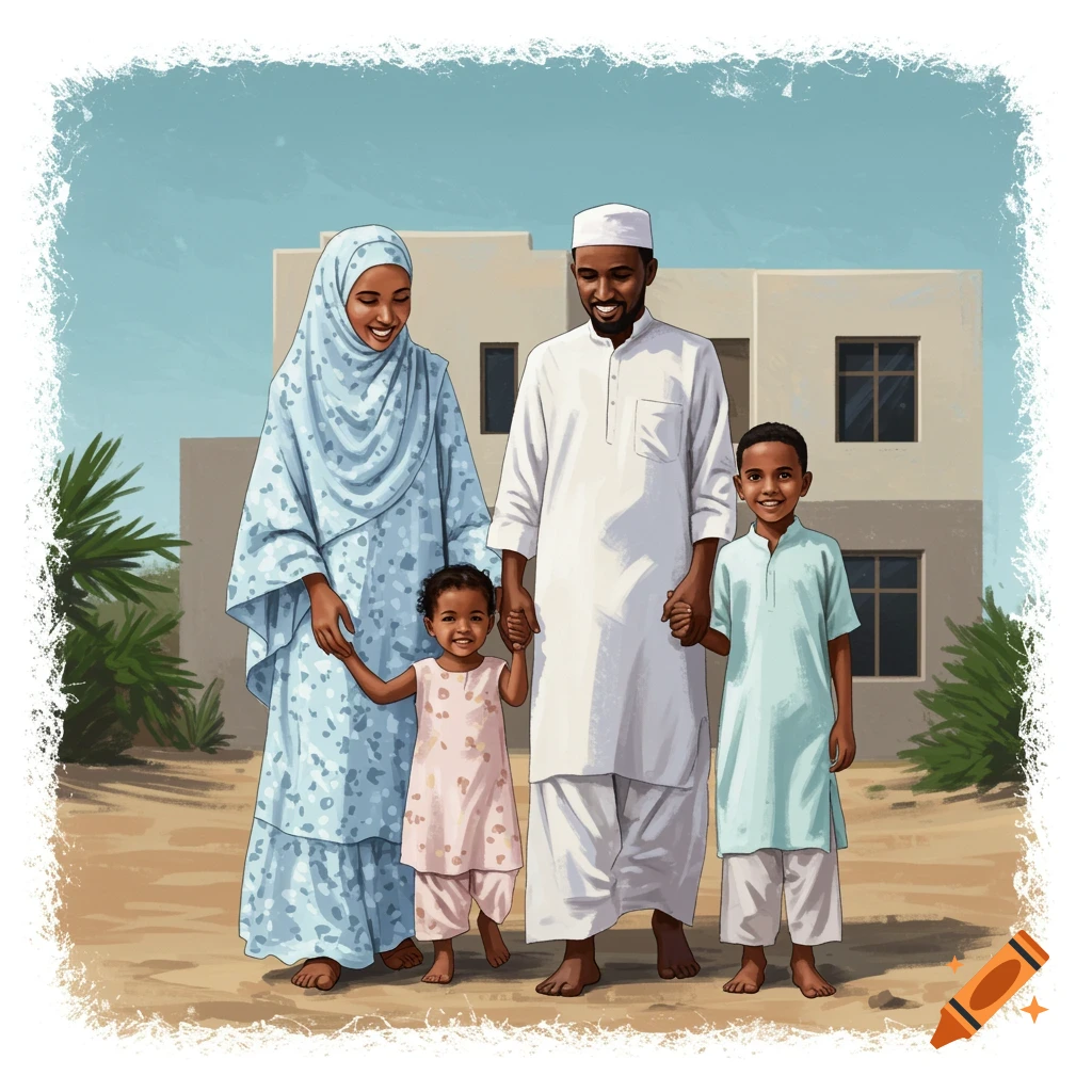 A Somali family standing together outdoors in traditional clothing. on ...