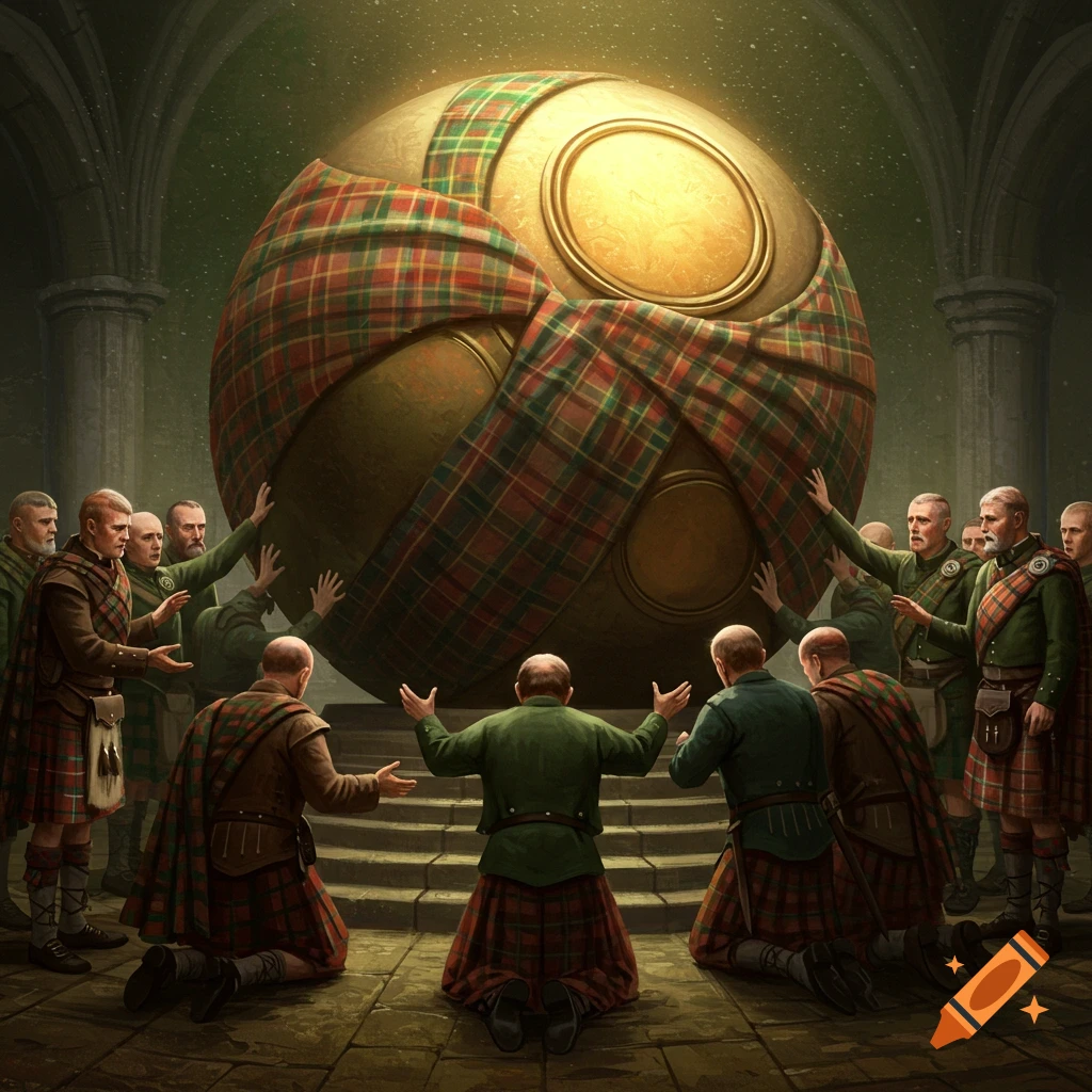 Men in kilts worshipping a large tartan-wrapped sphere inside a stone ...
