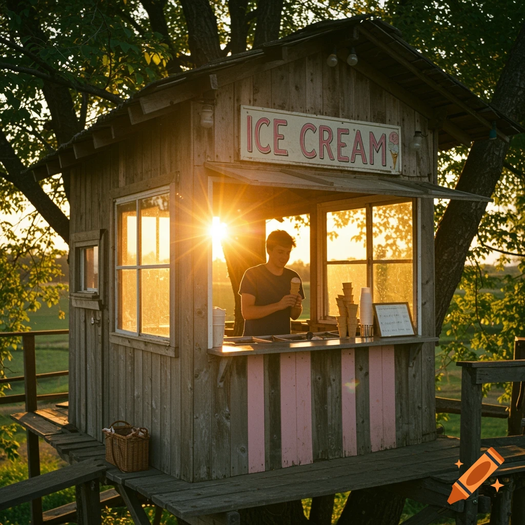 Ice cream stand in treehouse with sun shining through glass sign on Craiyon