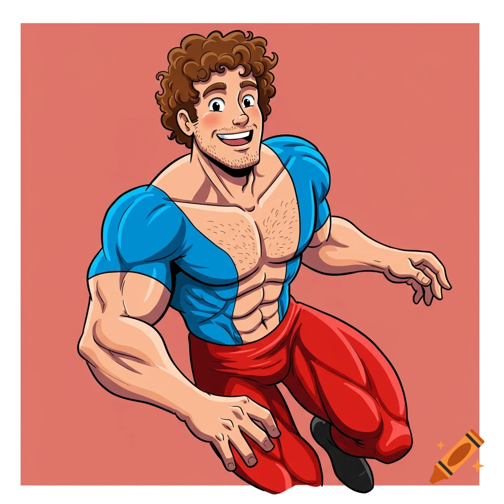 Handsome white man with curly brown hair, muscles, comic style ...