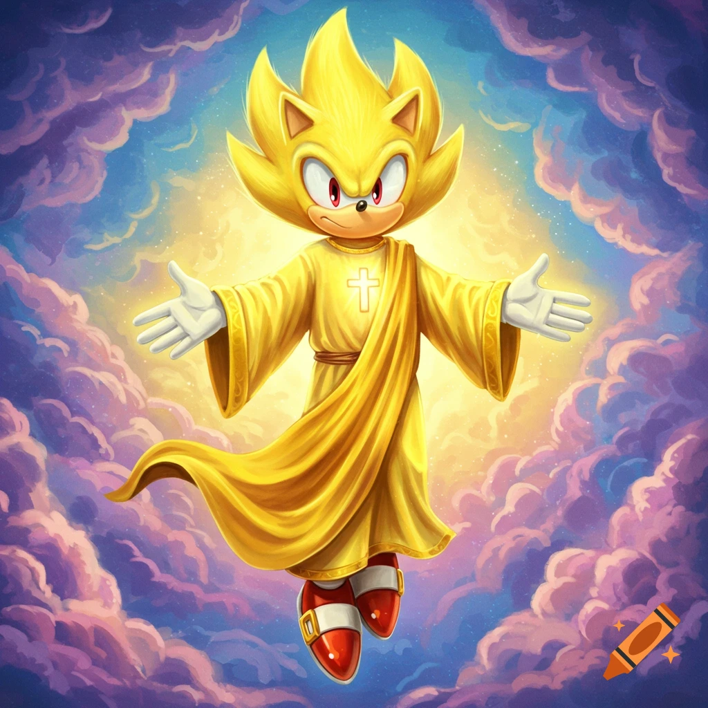 Super Sonic with yellow fur in Jesus robes on Craiyon