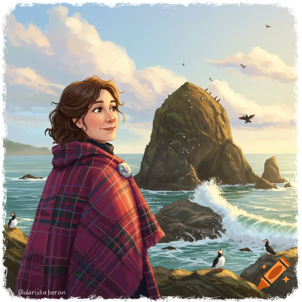 Middle-aged woman in tartan cape watching puffins at Haystack Rock on ...