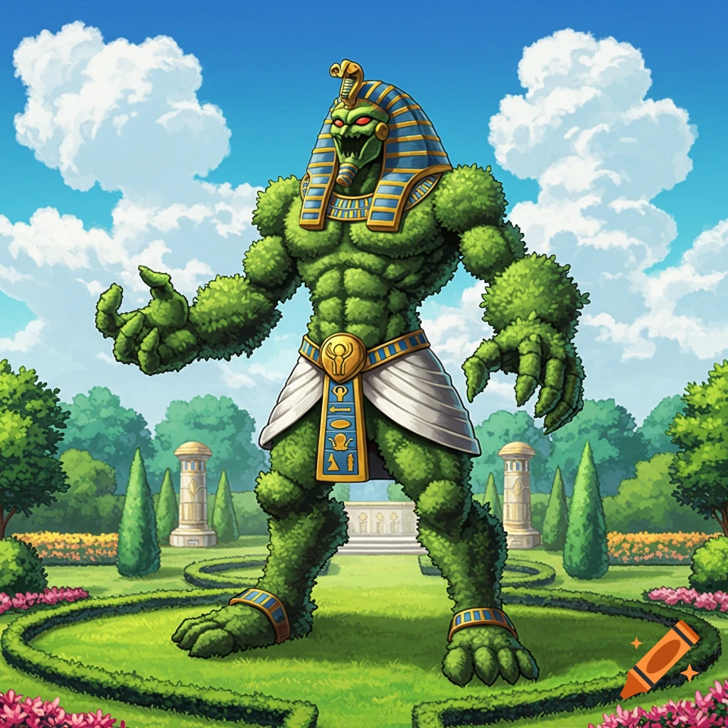 Large green mossy creature with Egyptian headdress standing in a formal ...