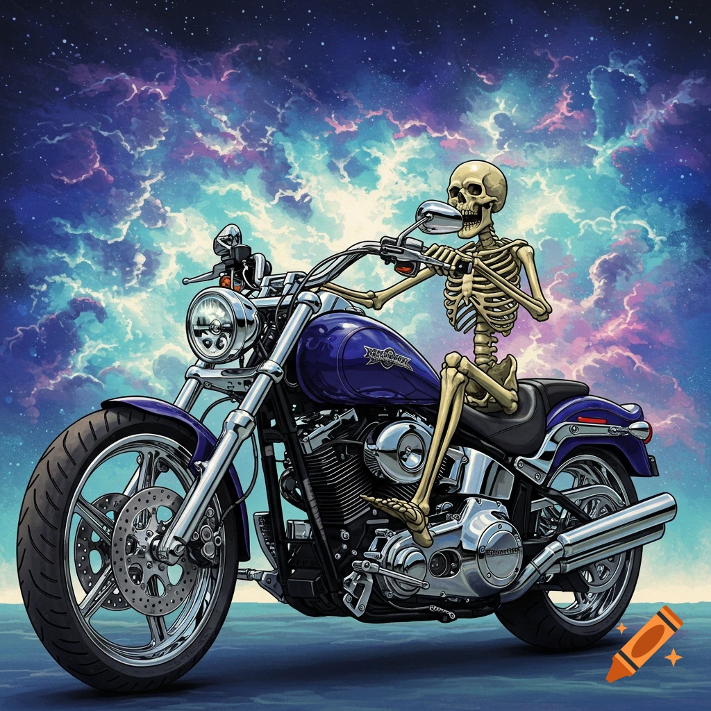 A skeleton rides a purple motorcycle beneath a vibrant cosmic sky in an ...