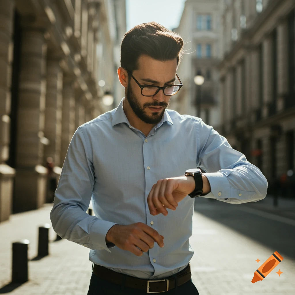 Man in blue shirt checking watch on a sunny city street, photorealistic ...
