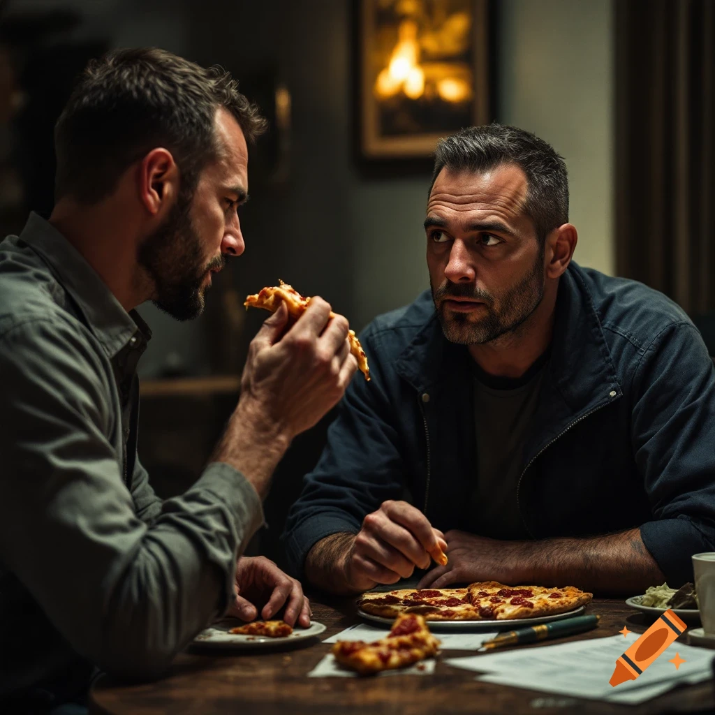 Jeff Sokol and Chris Hansen sharing pizza, photorealistic image on Craiyon